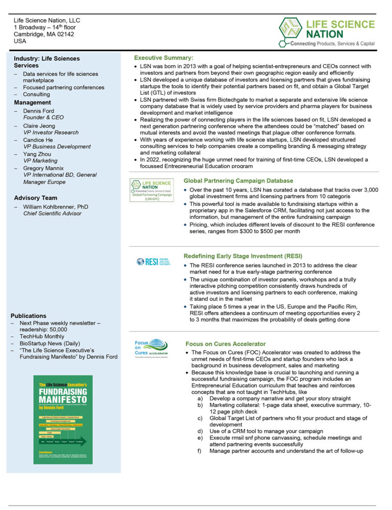 Onepage Datasheet – Life Science Nation